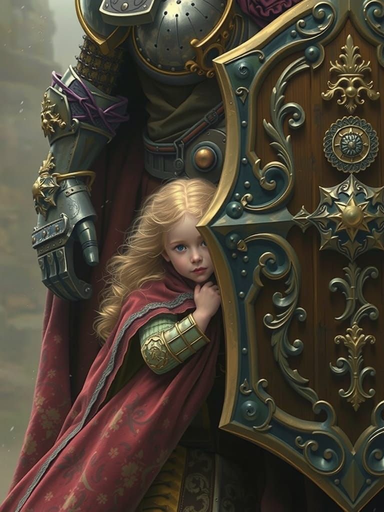 Delicate Princess Hides Behind Ornate Knight's Shi... - AI Art