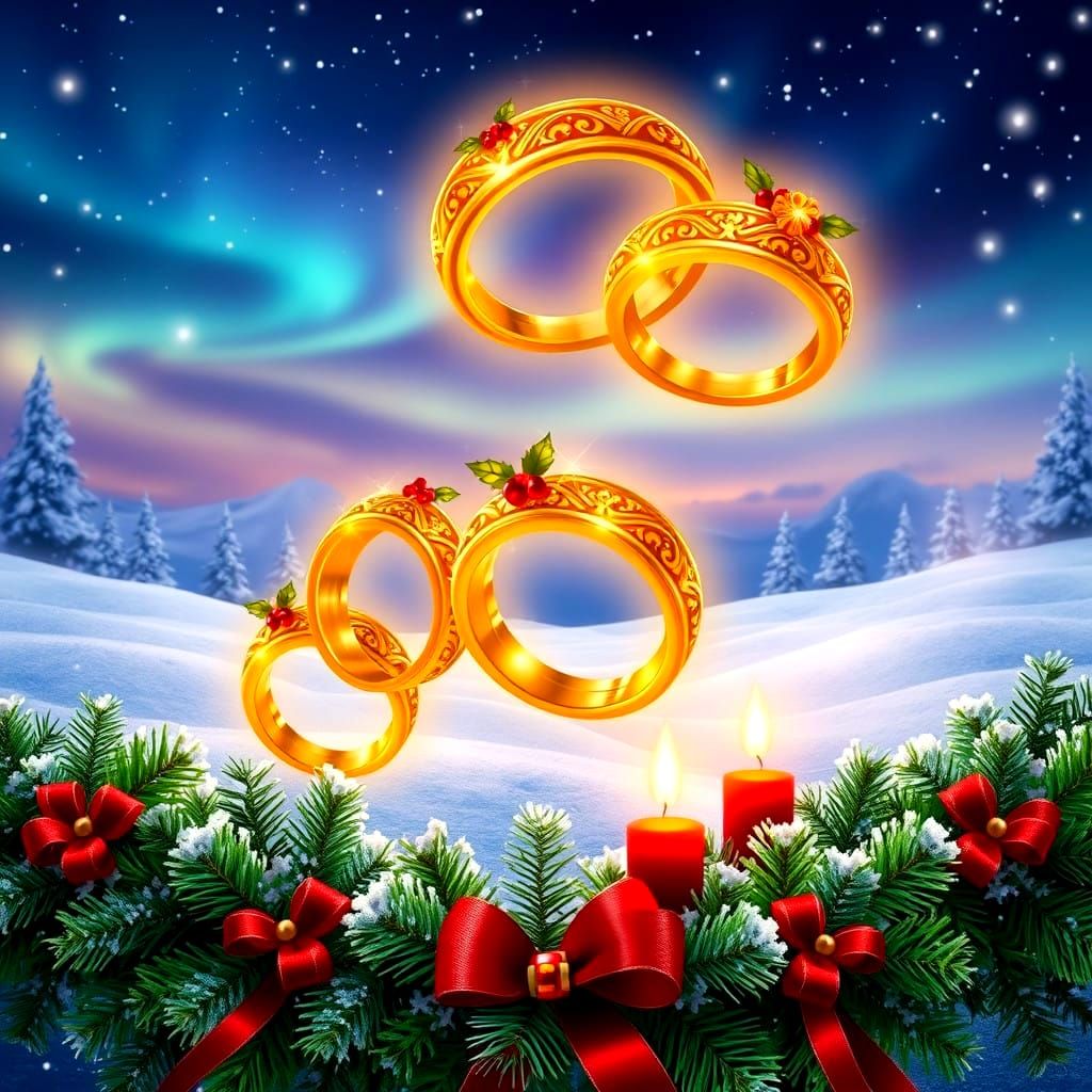 Five Golden Rings - Magical Christmas Scene with Golden Ring...
