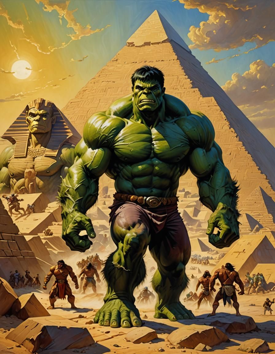 Frank Frazetta-Inspired Hulk Confronts Ancient Egy... - AI Art