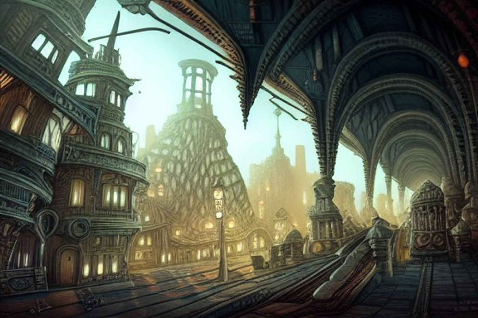 A vast and intricate complex cavernous fantasy undergound steampunk ...