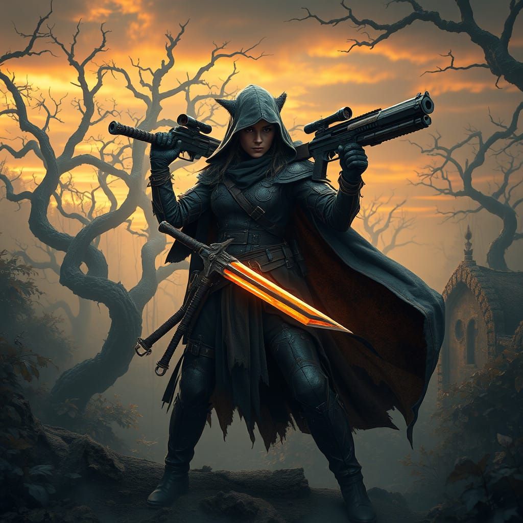 Dark Fantasy Bounty Hunter in Haunting Forest Drea... - AI Art