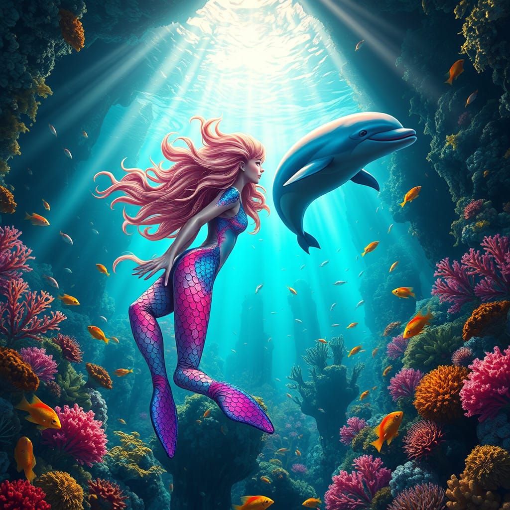 Whimsical Diving Girl Meets Majestic Dolphin in an... - AI Art