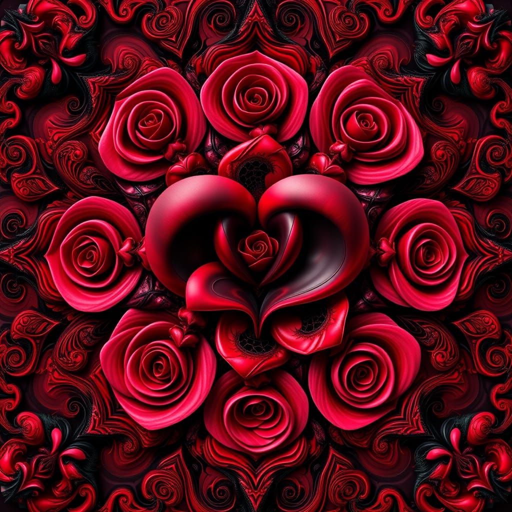 Vibrant Fractal Roses and Hearts in Red and Black - AI Art