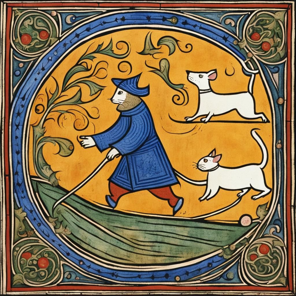 Medieval manuscript illumination of a mouse chasing a cat chasing a dog ...
