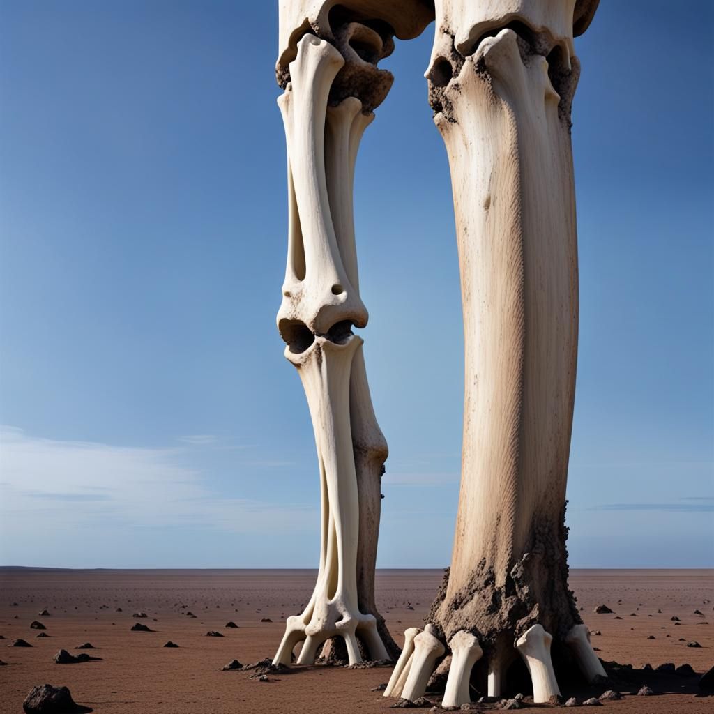a giant femur bone stuck vertically on the horizon