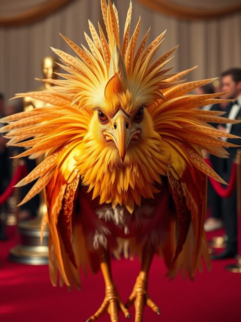 Golden Secretary Bird Struts Red Carpet Glamour - AI Art
