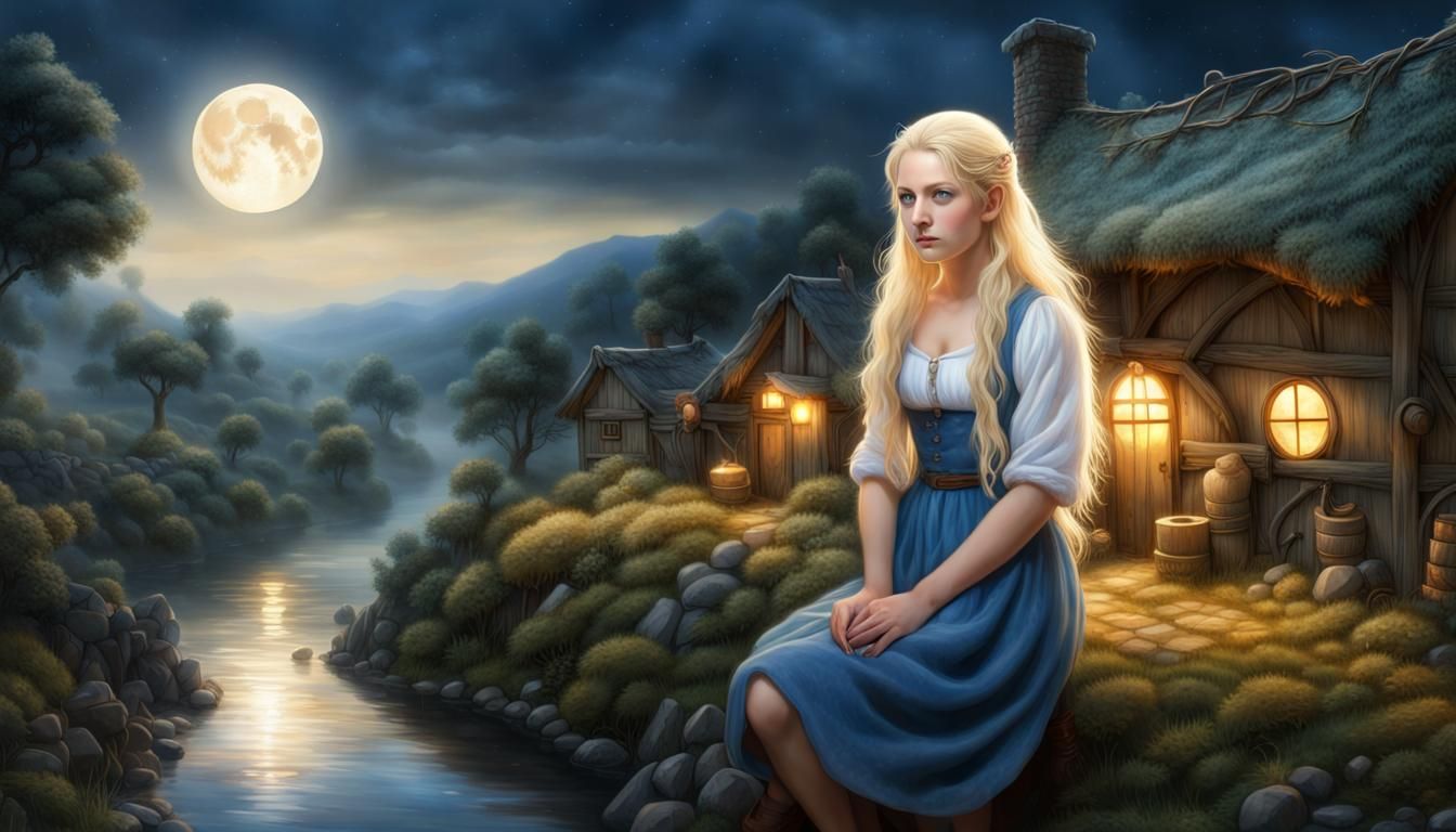Beautiful Blonde Hair And Blue Eyes Farm Girl in fantasy hobbit village ...