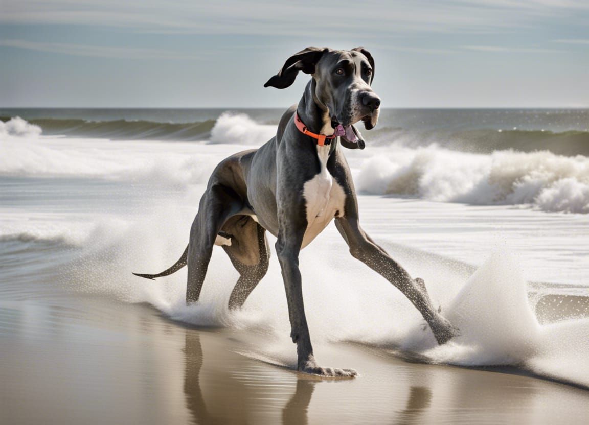 great dane chasing waves at the beach barking at the waves - AI ...