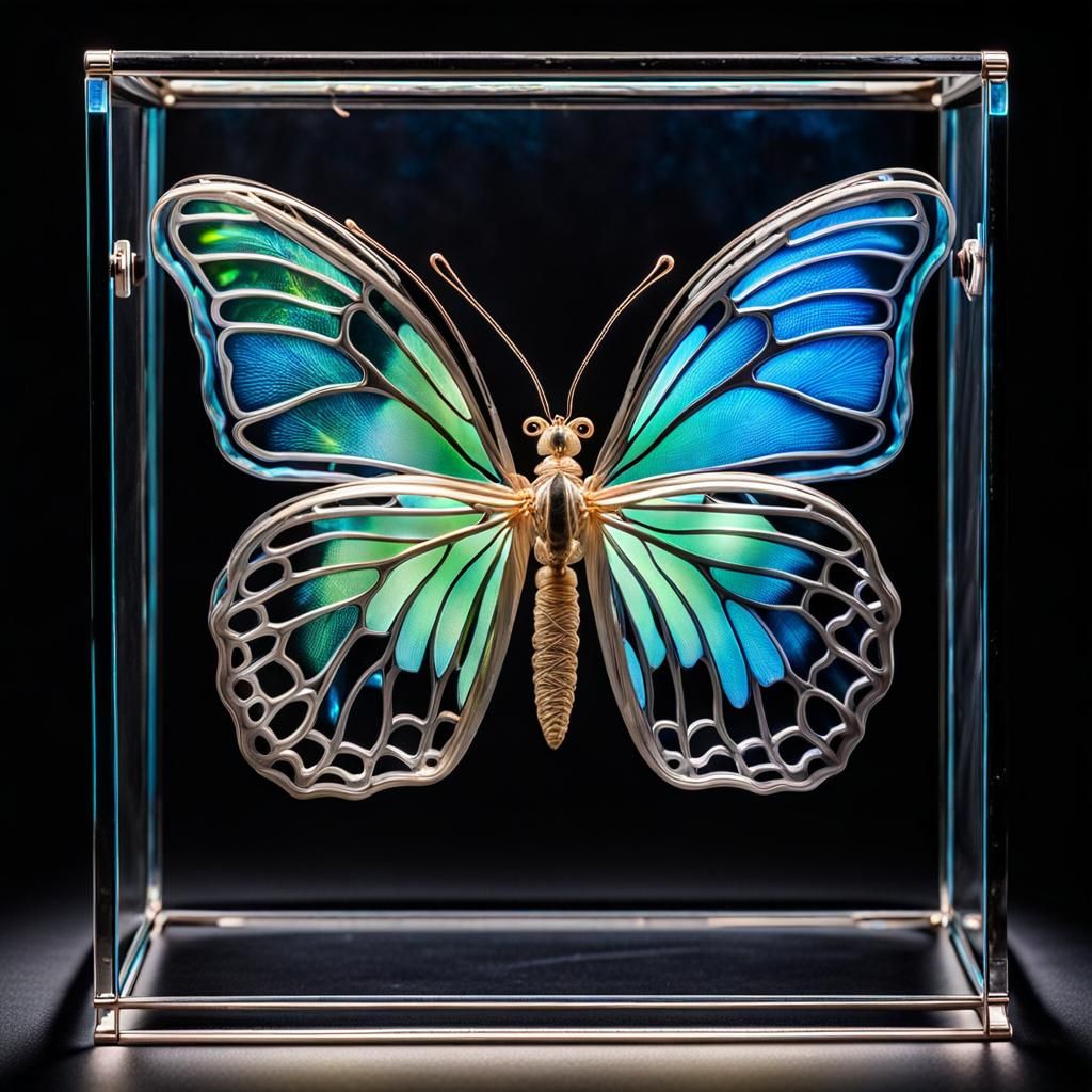 A delicately crafted clear bioluminescent glass butterfly inside a cage ...