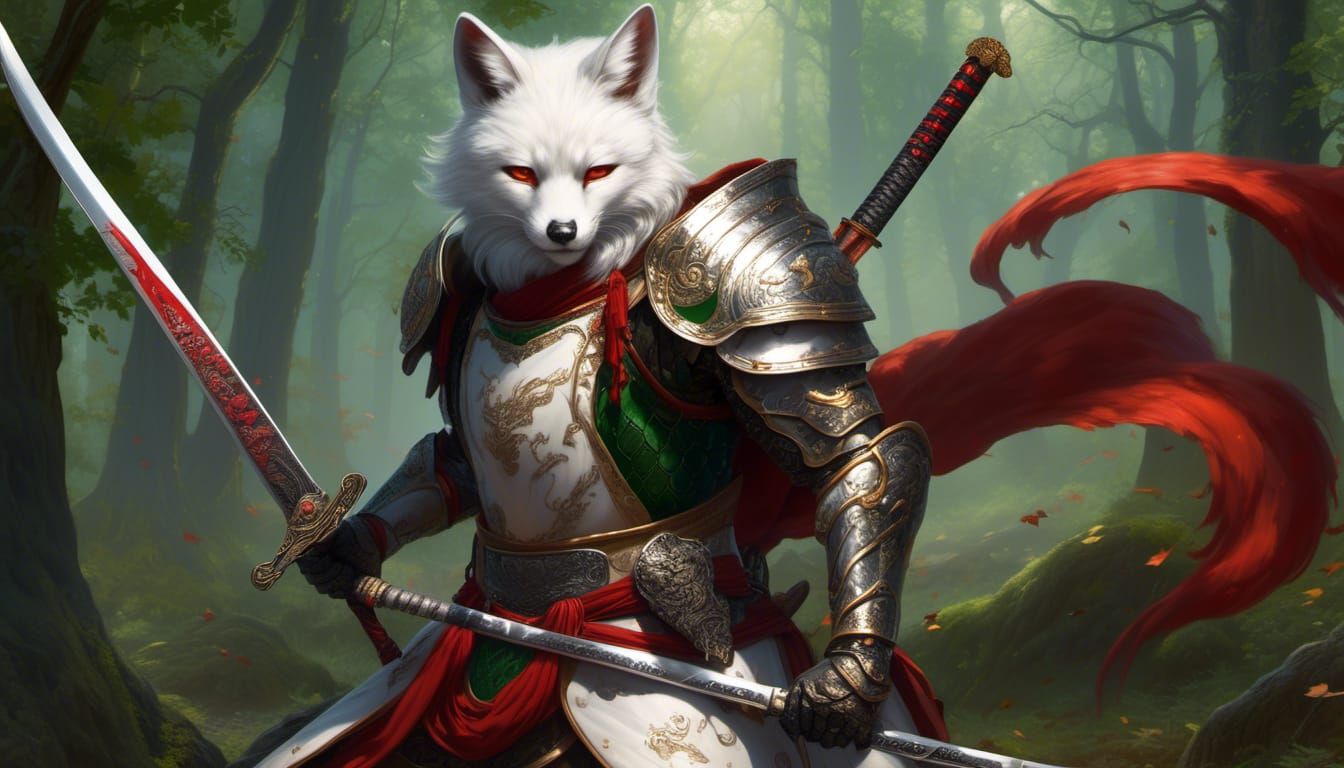 A masculine noble white kitsune warrior with slender but strong ...