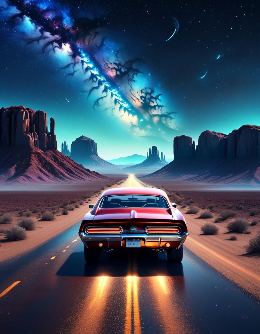 "Desert road vanishing into starry night sky, Milky Way ablaze. Classic ...