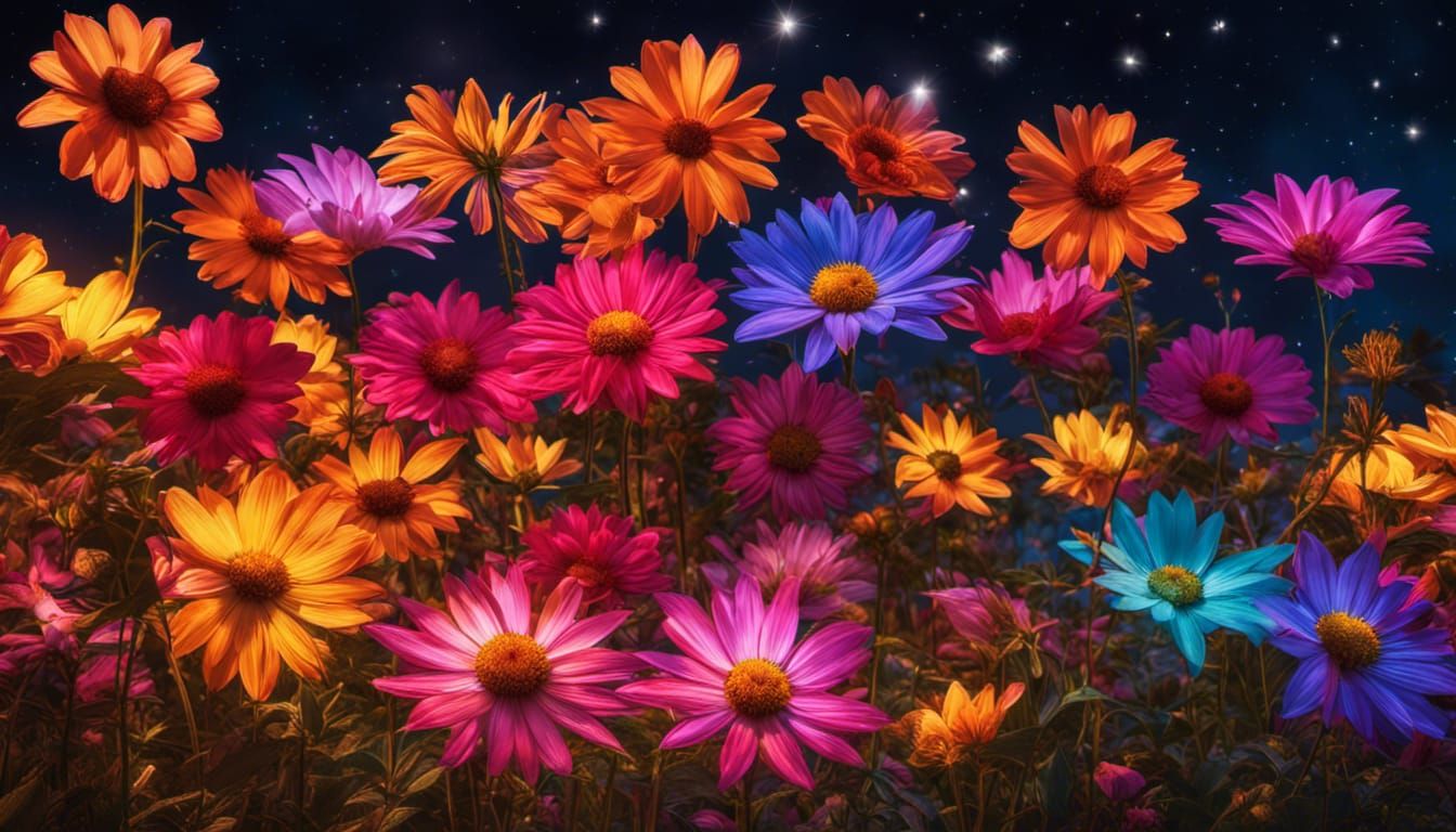 Photo of gorgeous gigantic vibrant glowing flowers midnight dark sky ...