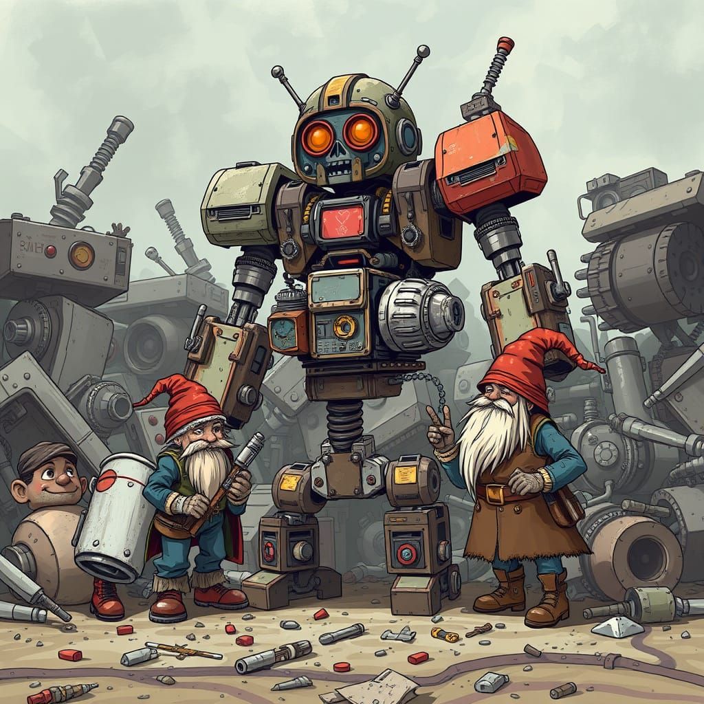 Mad Scientist and Dwarfs Build Futuristic Junk Rob... - AI Art