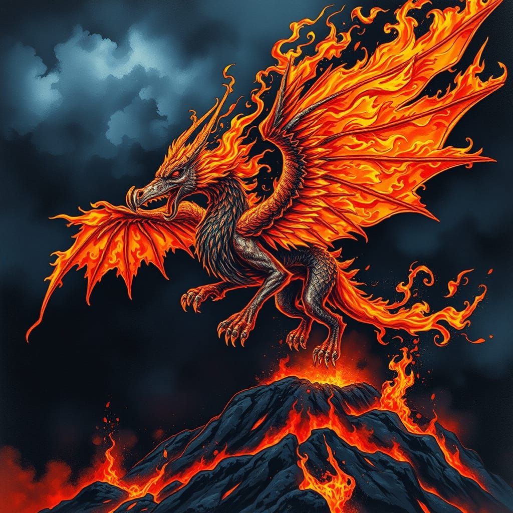 Portrait of a Gryphon made out of fire, flying out of a volcano ...