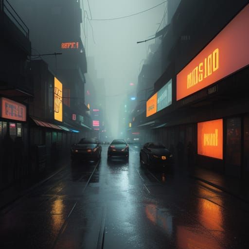 Gritty Cyberpunk Cityscape from a Grimy Attic Wind... - AI Art