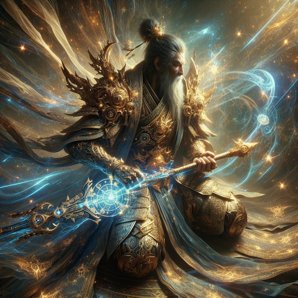Ancient Warrior Monk with Celestial Glaive in Myth... - AI Art