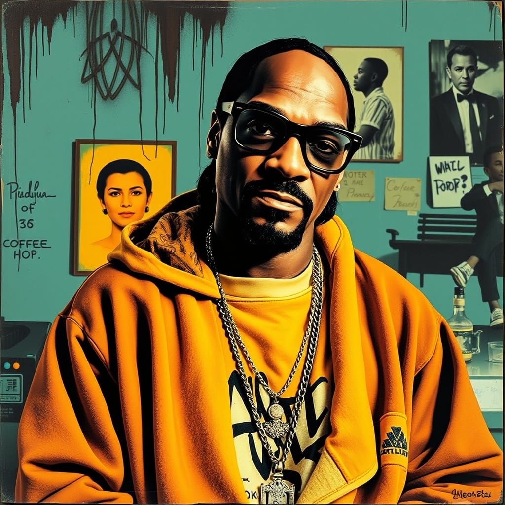 Snoop Dogg in a Surreal Coffee Shop, High Contrast... - AI Art
