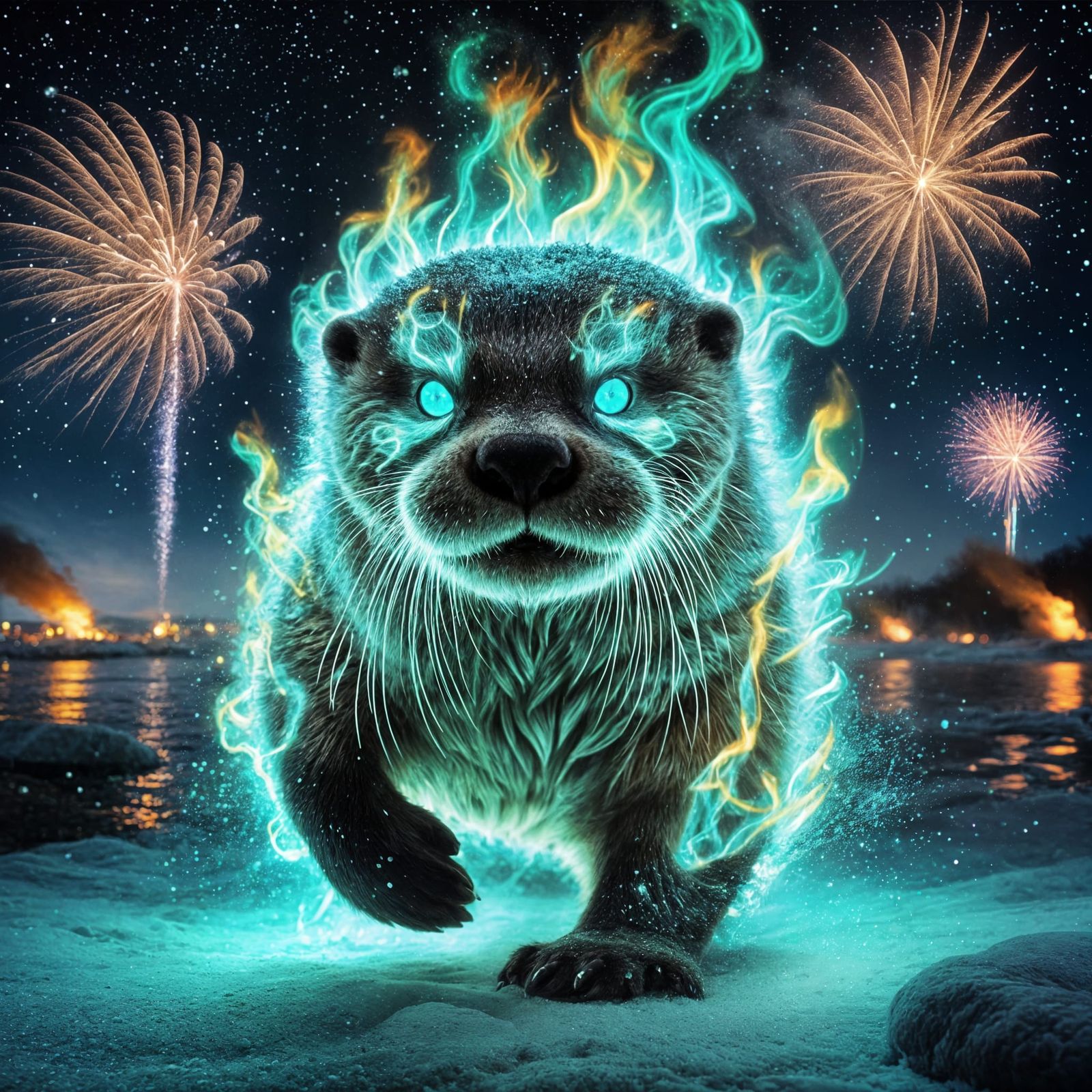 River Otter in Fiery Bliss as New Year's Celebrati... - AI Art