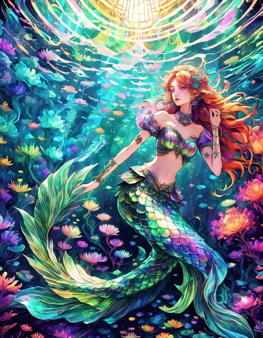 Steampunk Mermaid in Vibrant, Shimmering Bloom - AI Art