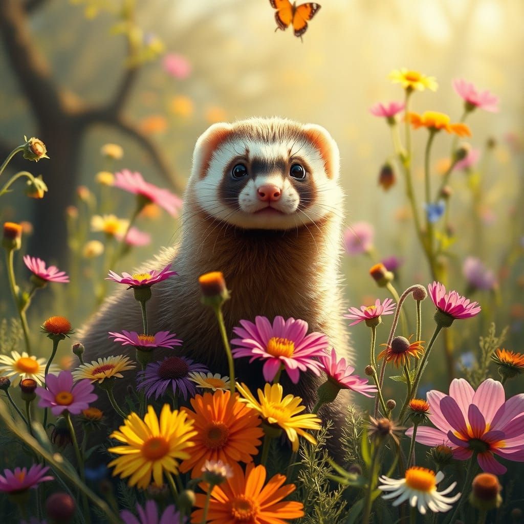 Ferret in Wildflower Meadow, Romanticized Landscap... - AI Art