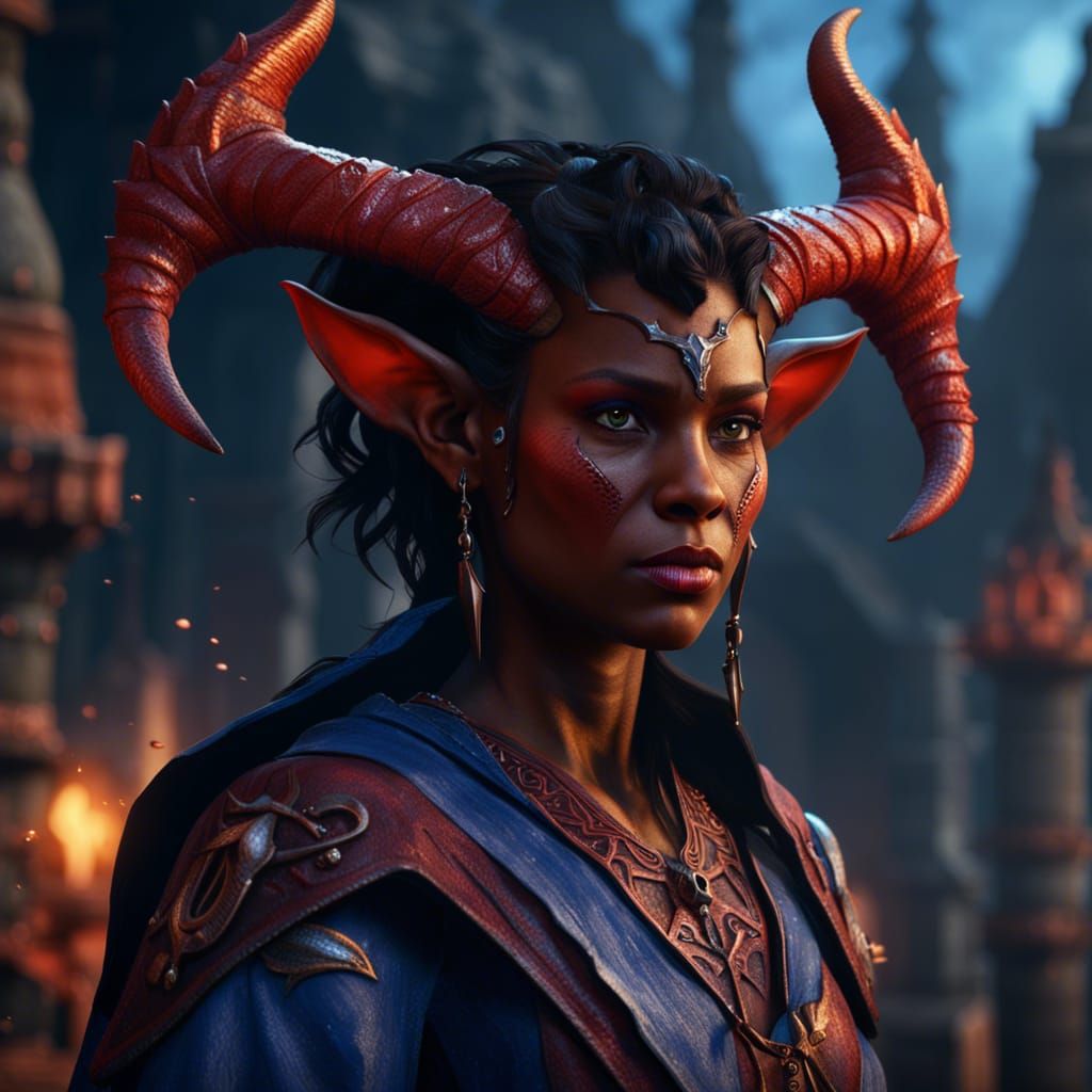 A young female Tiefling sorceress detailed matte painting, deep color ...