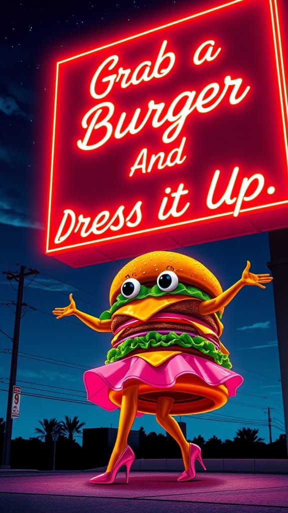 A large colorful neon lit billboard above a dancing Deluxe Cheeseburger ...