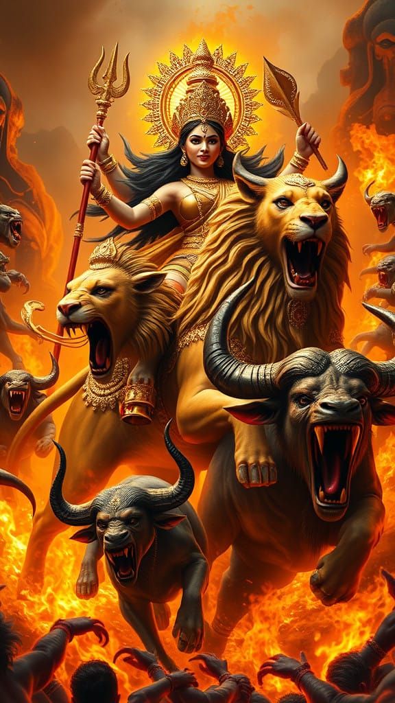 Durga Battles Mahishasura's Demonic Army in Epic C... - AI Art