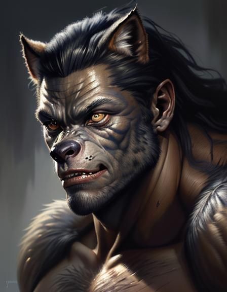 Monster man, beautiful face and eyes, werewolf skin, werewolf massive ...