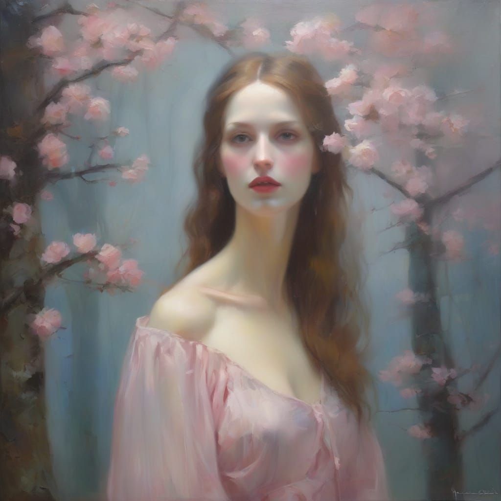 Ethereal Vampire in Cherry Blossom Haired Portrait... - AI Art