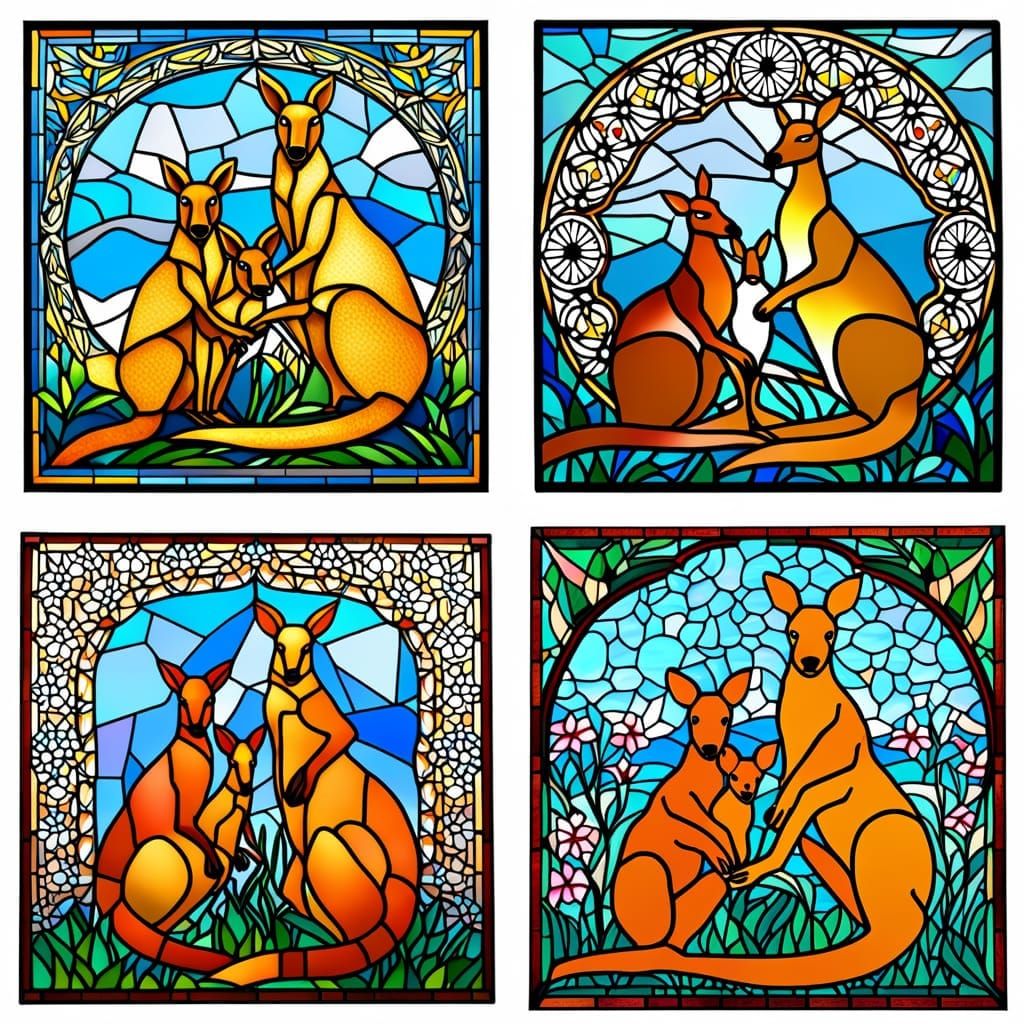 (intricate) stained glass, Kangaroo family, center composition, highly ...