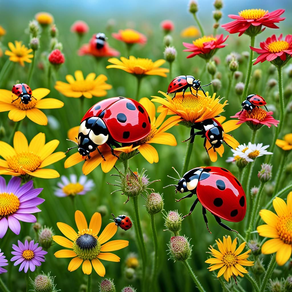 Little lady bugs are partying in the middle of field full of colorful ...
