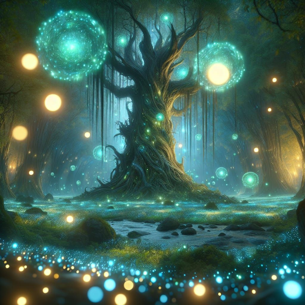 Imagine an enchanted blue green forest glade with a tall fantastical ...