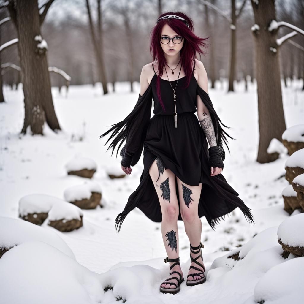 goth emo hippie girl angel broken wings glasses burgundy hair walking ...