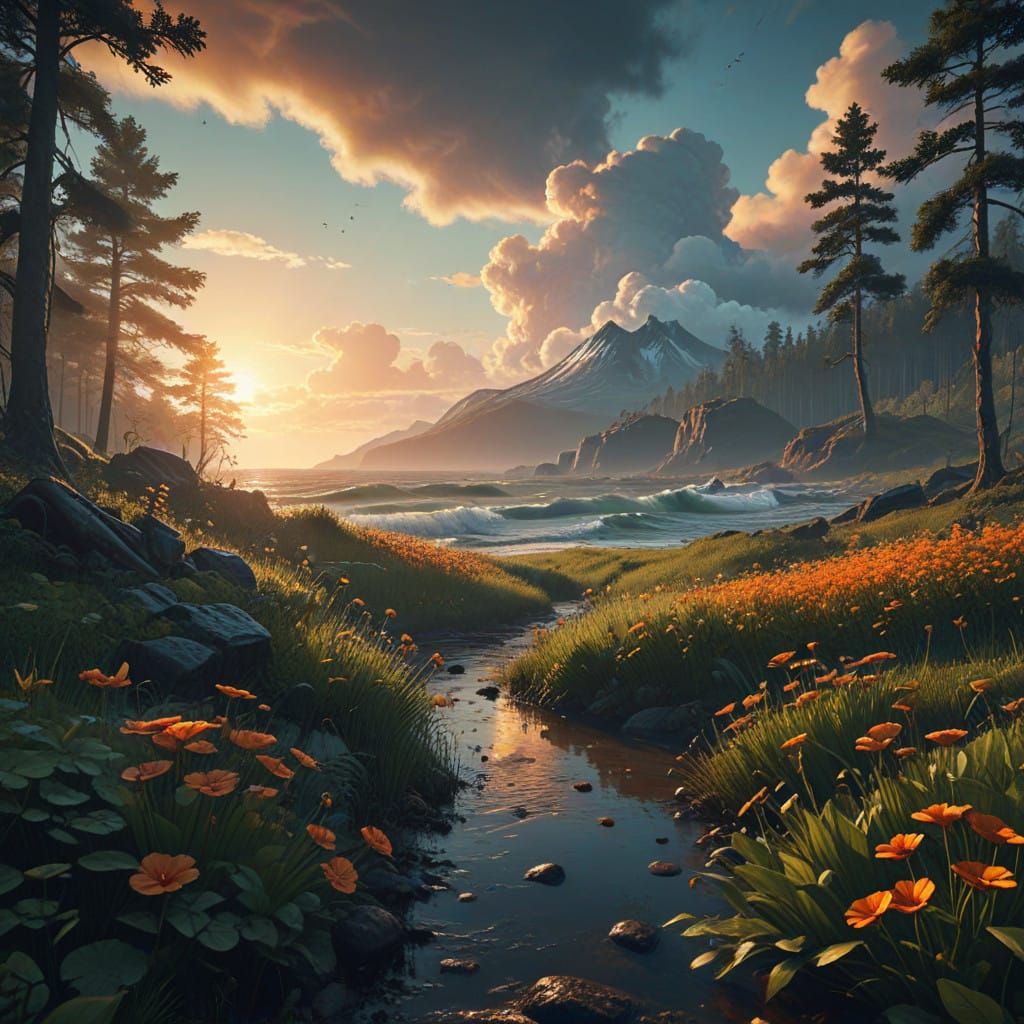 Vibrant Sunset Summerscape in Realism with Fantasy... - AI Art