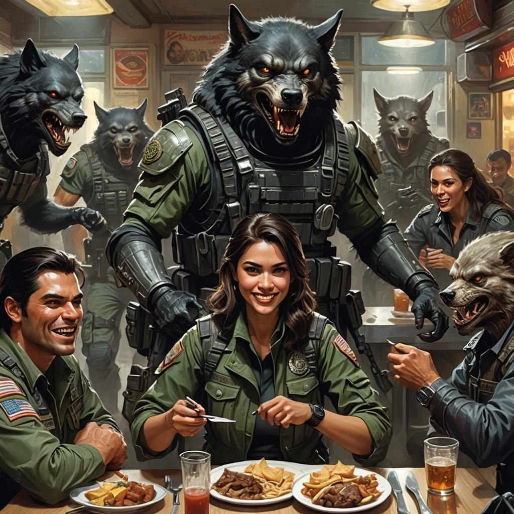 A Mexican female soldier enjoys lunch with her partner werewolves at a diner. - AI Generated ...