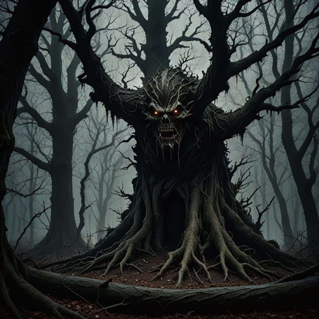 Grotesque Monster Peers from Behind Twisted Tree a... - AI Art