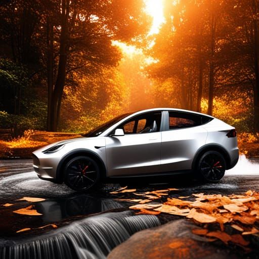 very detailed Tesla Model Y by a breathtakingly beautiful waterful with ...