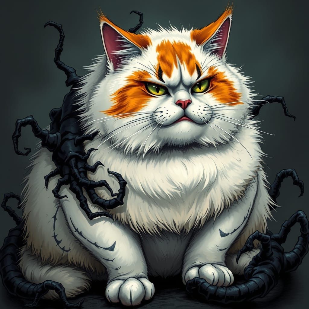 a white and orange tubby cat mixed with venom from spiderman