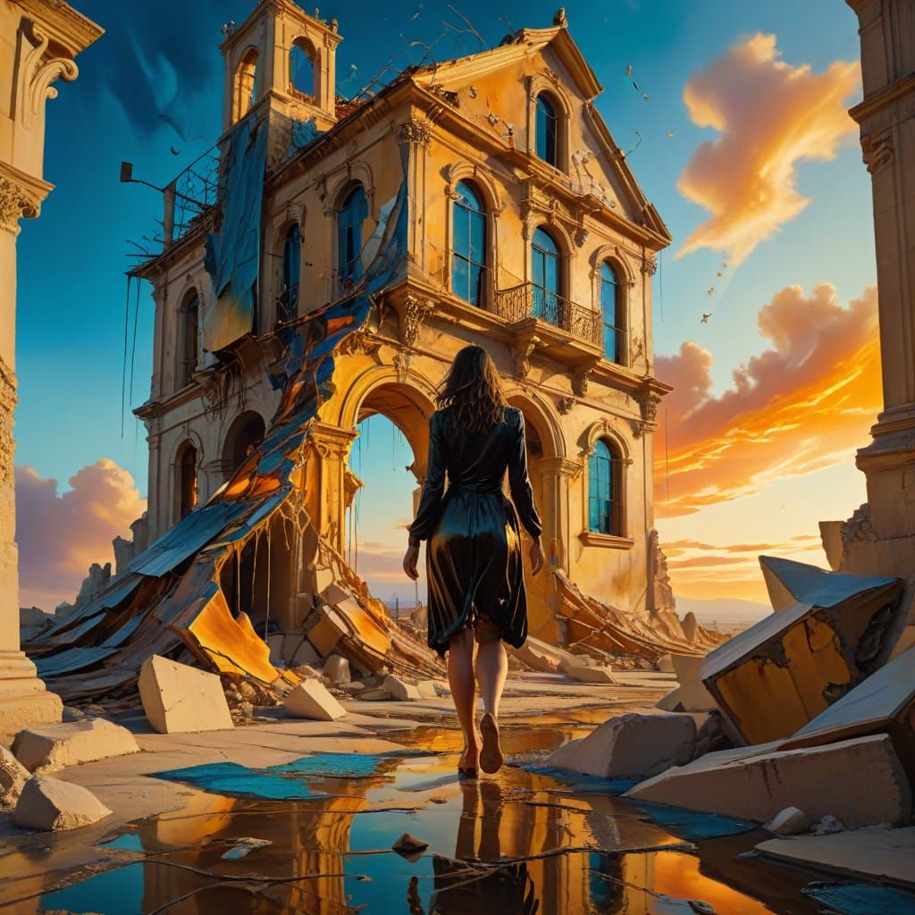 Surrealist Woman in Collapsing Dreamscape Architec... - AI Art