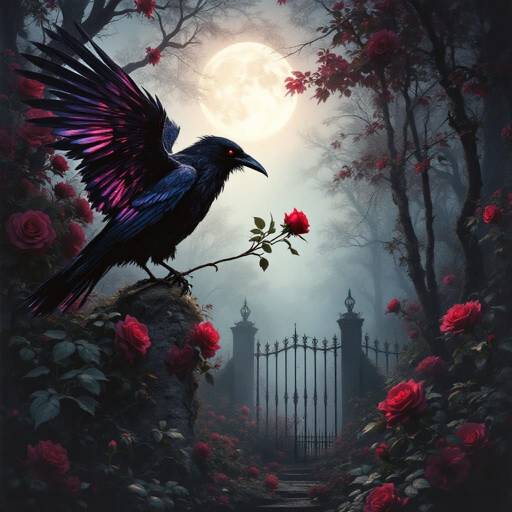 crow with a red rose - Surreal Crow Perches on Vintage Ros...