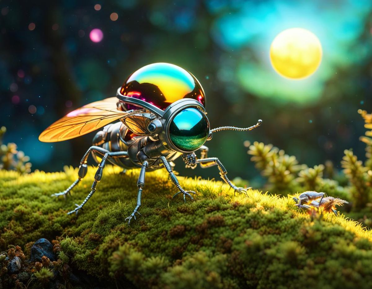 a beautiful tiny astronaut riding an alien looking insect made of glass ...