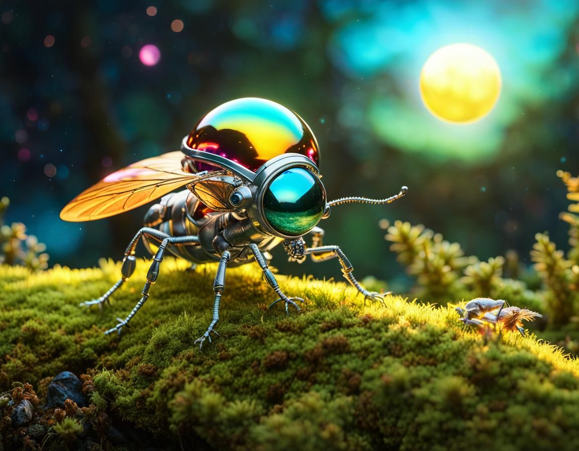a beautiful tiny astronaut riding an alien looking insect made of glass ...