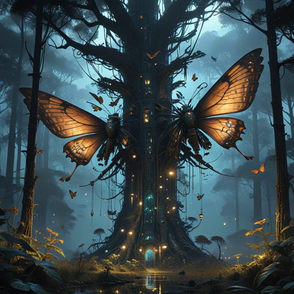 Imagine a swarm of mechanical birds fluttering around a towering ...