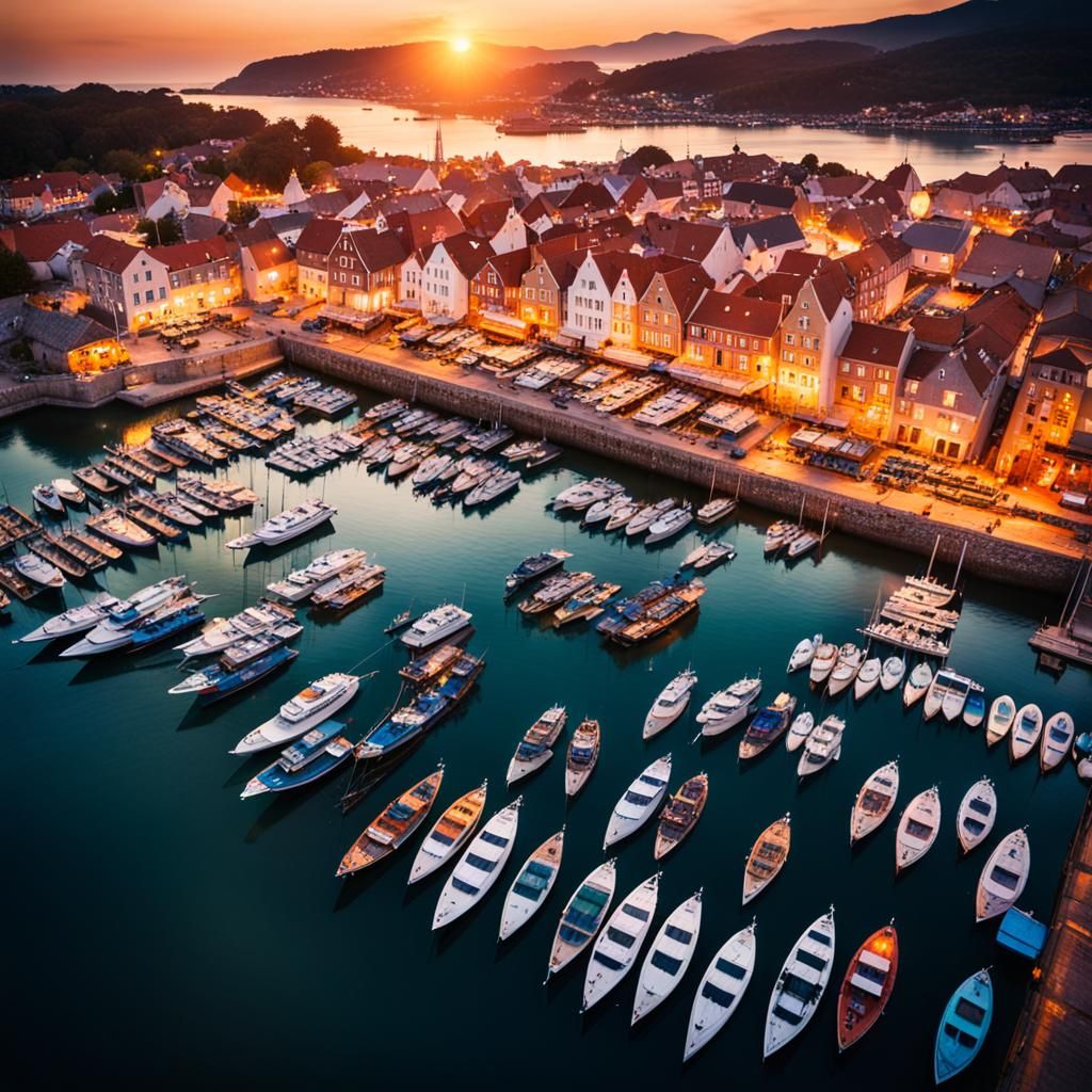 Drone view of a fantasy harbour full of boats. Beautiful landscape ...