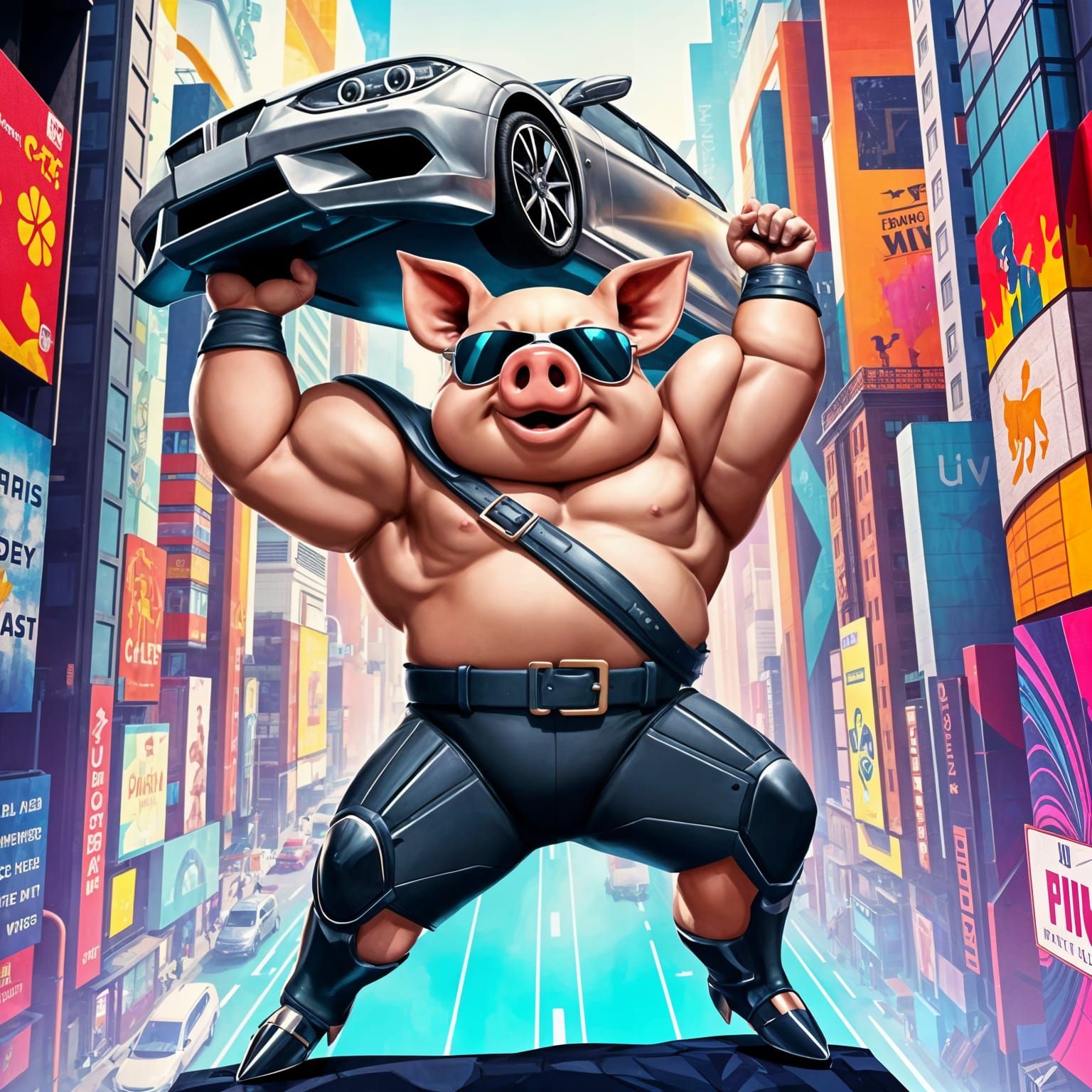 The Mighty Pig - Cyberpunk Pig Hero Soars Above City Streets