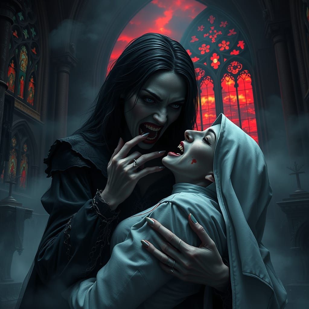 Dark Gothic Vampire Attacks Nun in Haunting Victor... - AI Art