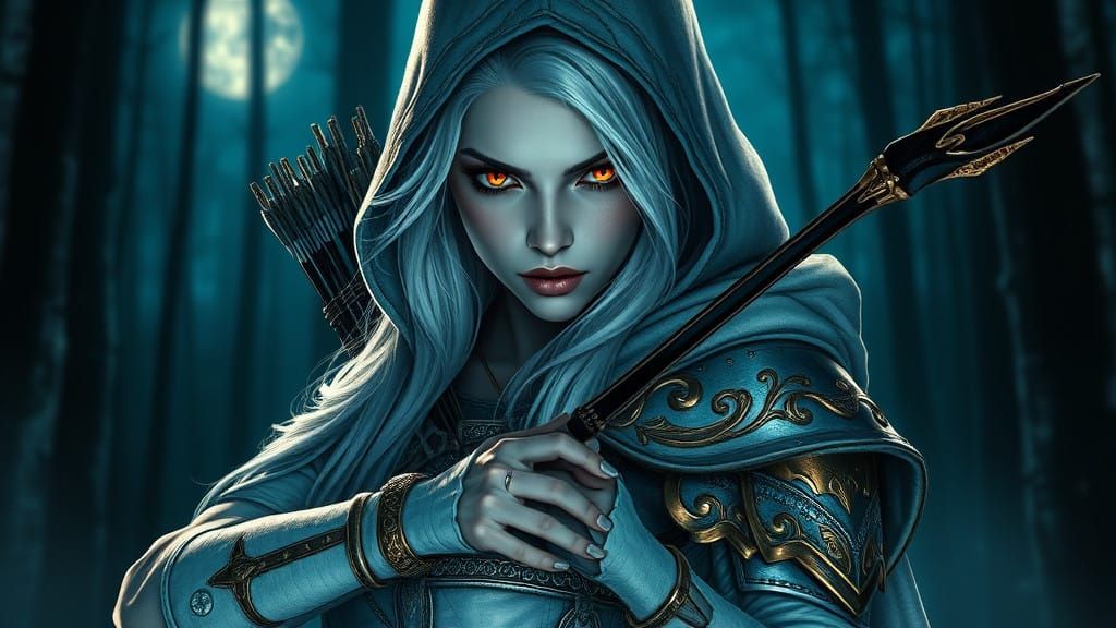 Ethereal Dark Elf Ranger in Moonlit Armor - AI Art
