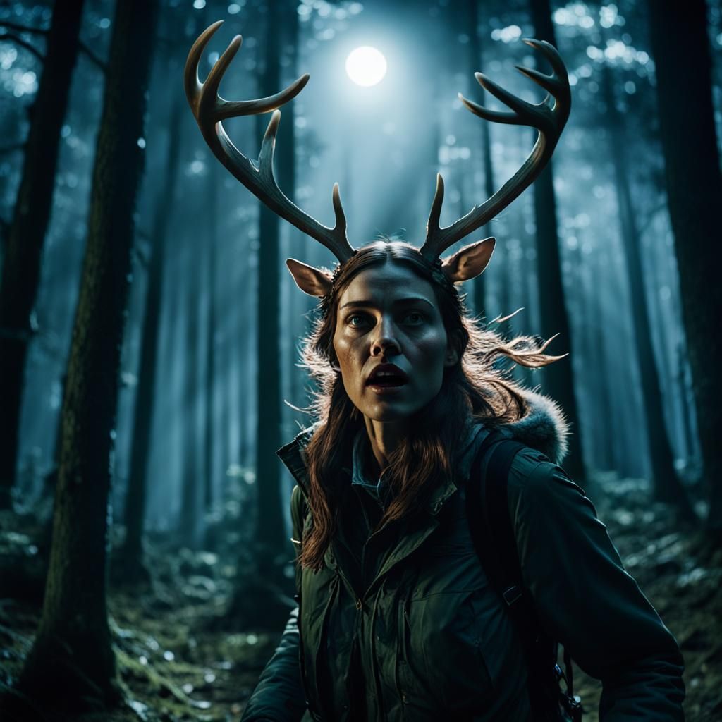 A close up motion photo of a girl with antlers being chased by a crowd ...