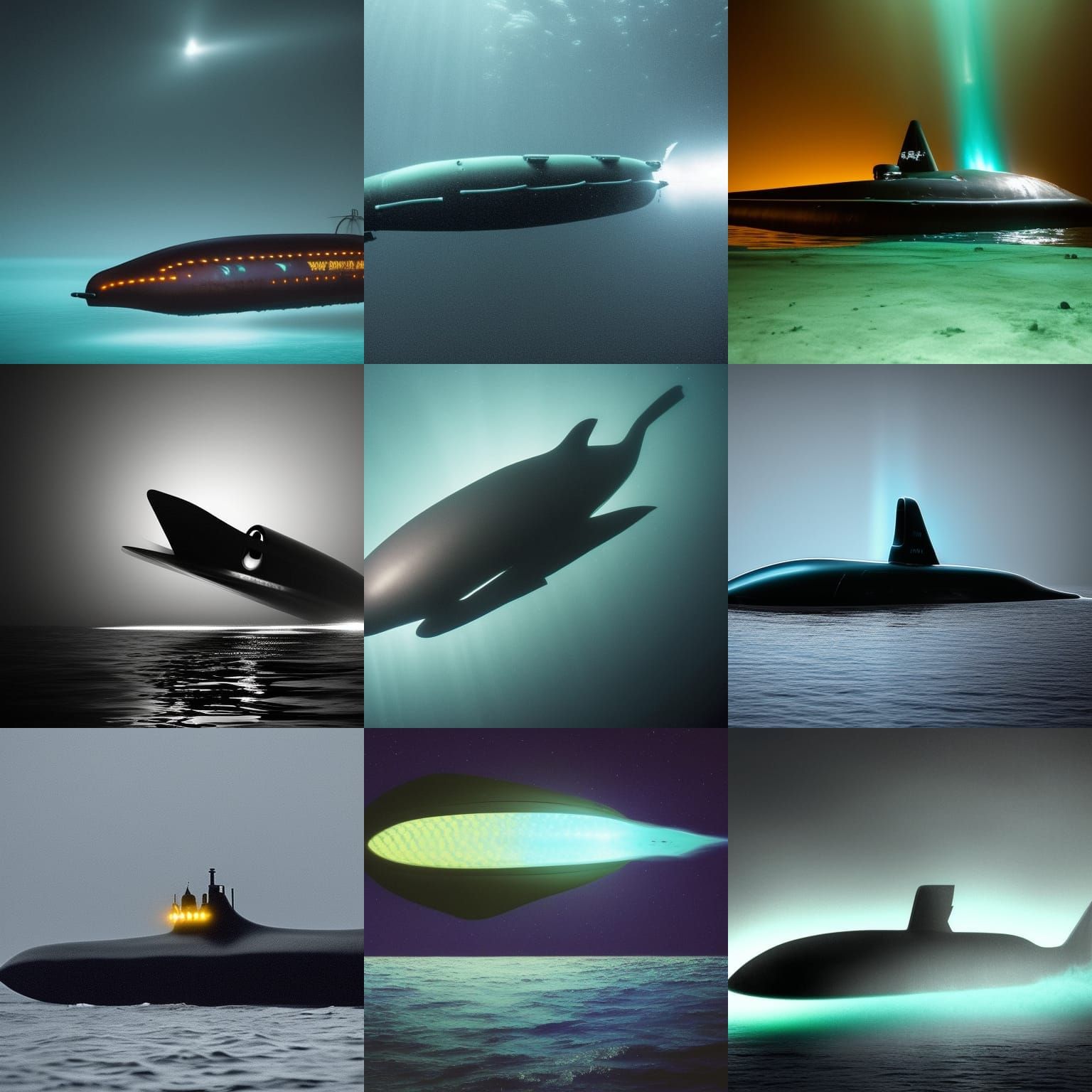 "Submarine descends into bioluminescent depths, surrounded by ...