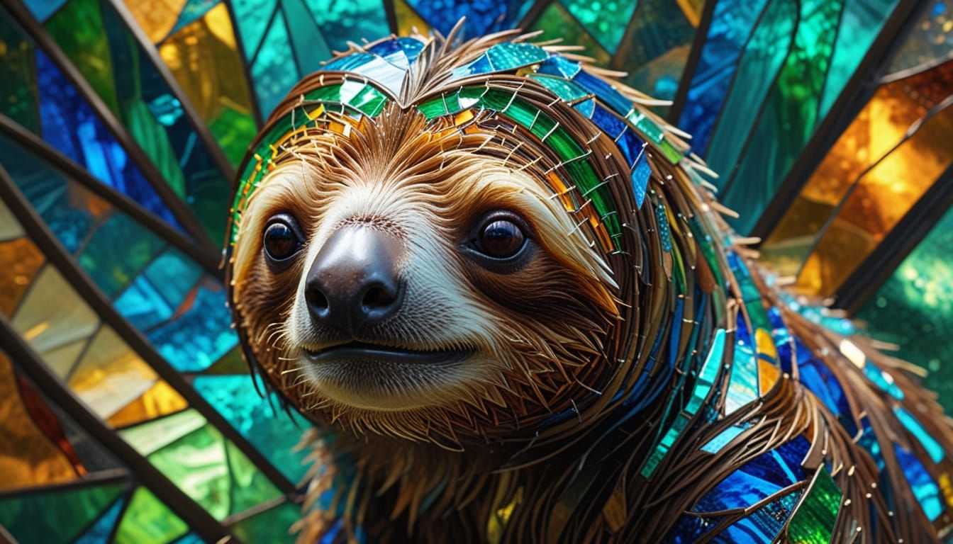 Surreal Stained Glass Sloth in Vibrant Geometric P... - AI Art